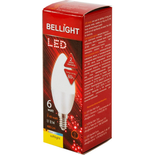 Лампа светодиодная Bellight E14 220-240 В 6 Вт свеча 480 лм, тёплый ...